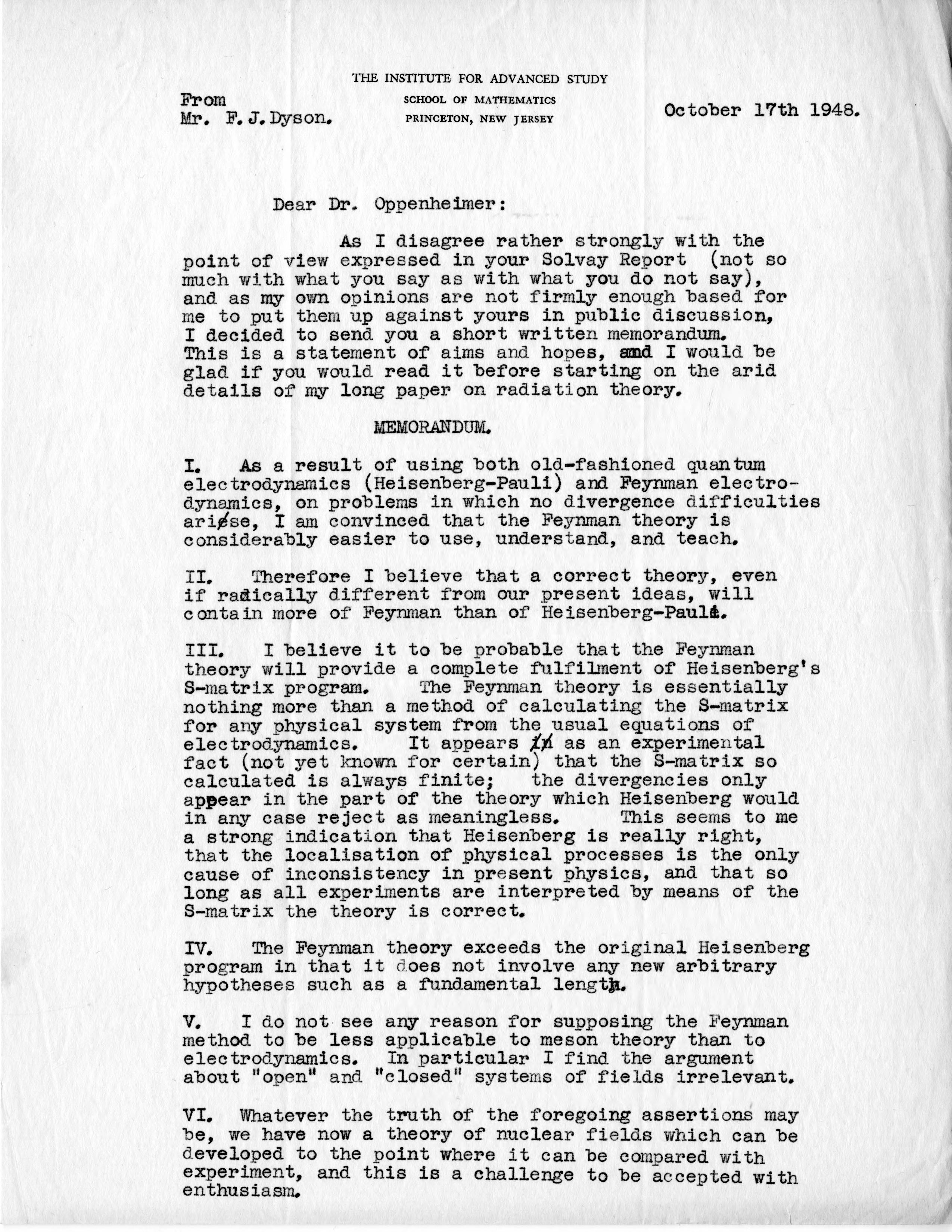 Freeman Dyson letter to J. Robert Oppenheimer